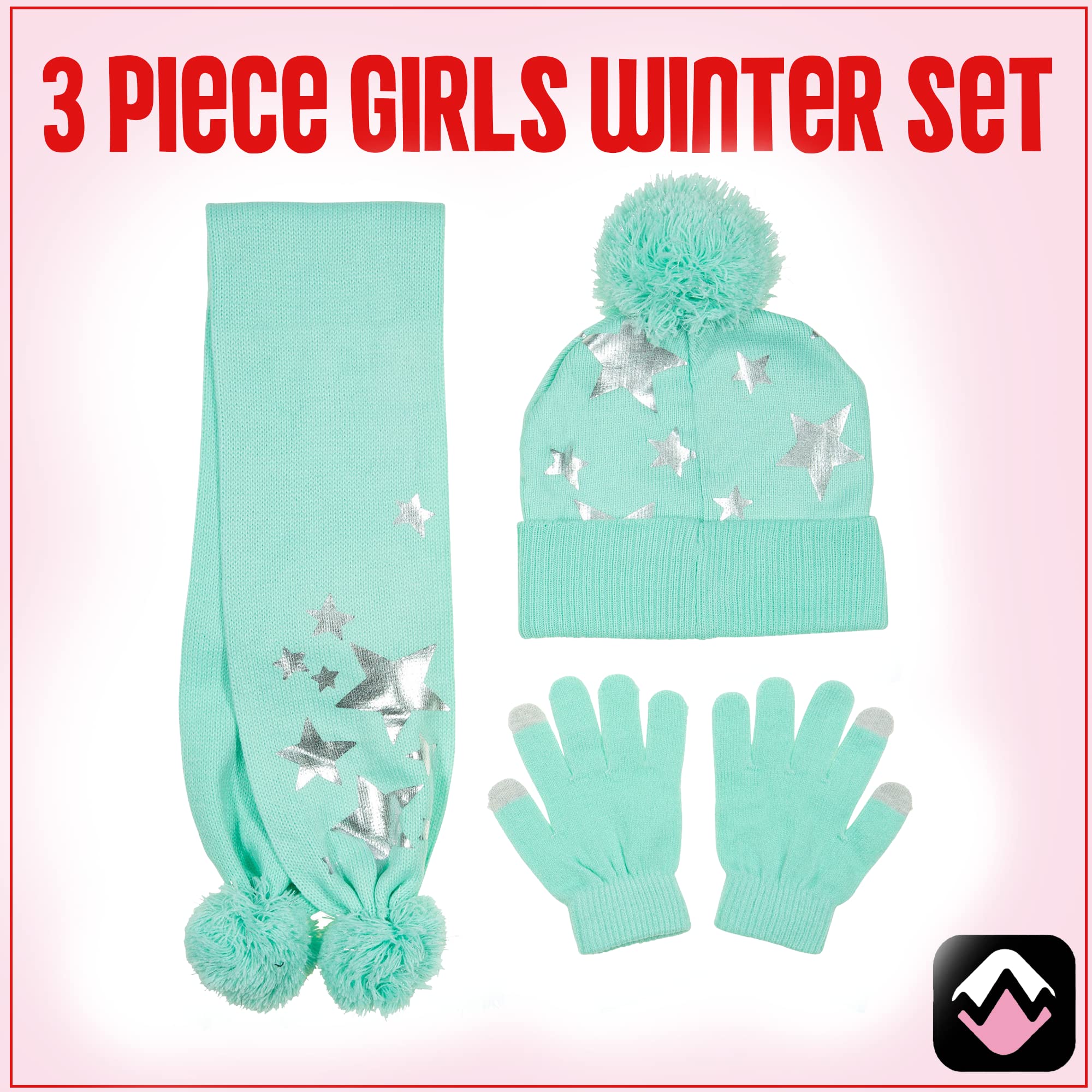 PEAK 2 PEAK Girls 3-Piece Winter Beanie Hat, Scarf and Gloves Cold Weather Set