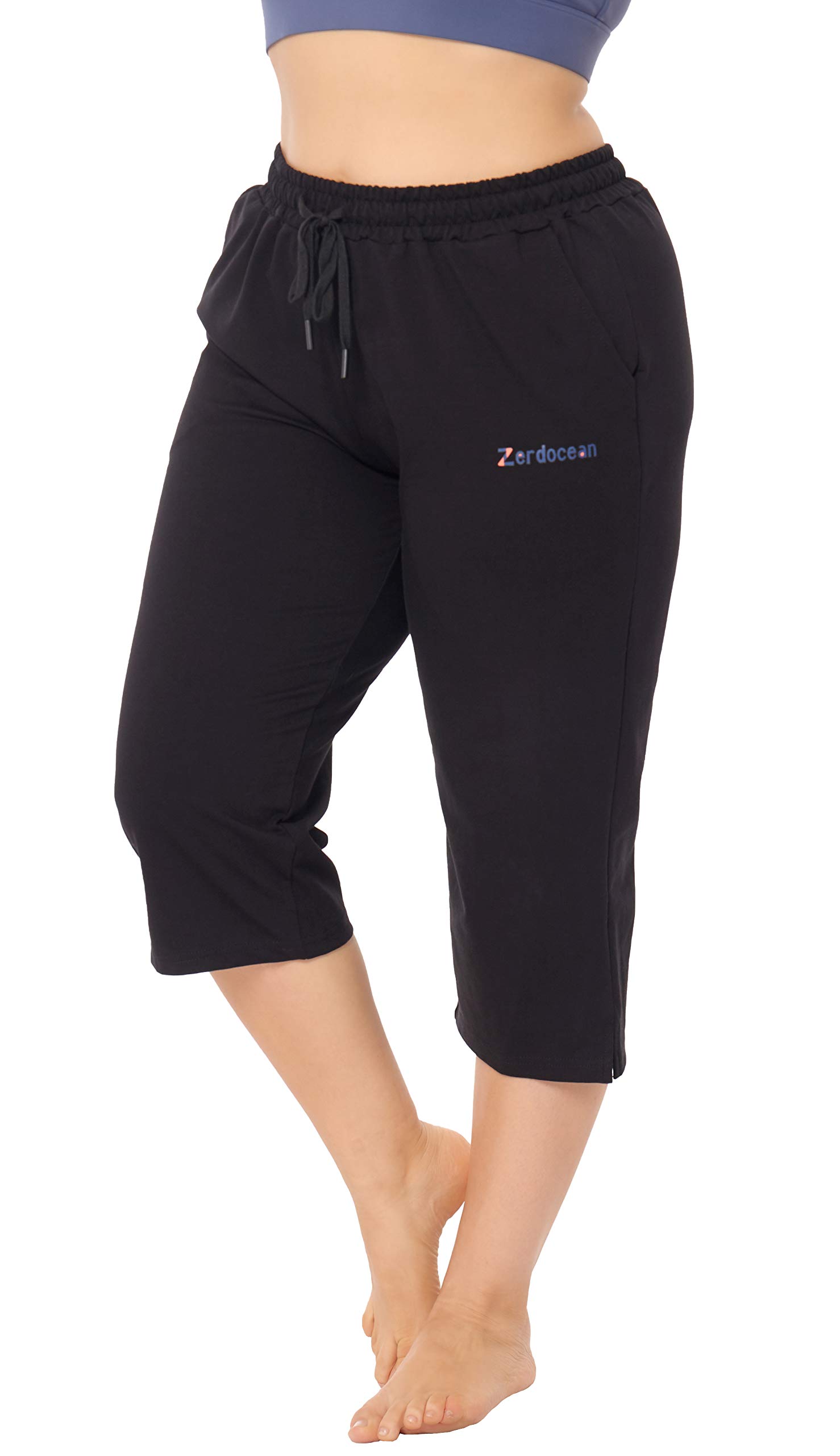ZERDOCEAN Women's Plus Size Active Yoga Lounge Indoor Jersey Capri Walking Crop Pants with Pockets Drawstring Black 4X