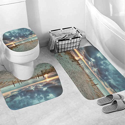 Tropical Ocean Summer Coastal Nautical Beach Theme bathroom Decor 4 Pcs Blue Shower Curtain Sea Sets, Sharks and Dolphins Durable Shower Curtain Toilet Lid Cover and Bath Mat with 12 Hooks, 72" x 72"