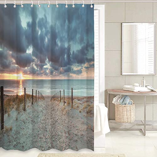 Tropical Ocean Summer Coastal Nautical Beach Theme bathroom Decor 4 Pcs Blue Shower Curtain Sea Sets, Sharks and Dolphins Durable Shower Curtain Toilet Lid Cover and Bath Mat with 12 Hooks, 72" x 72"