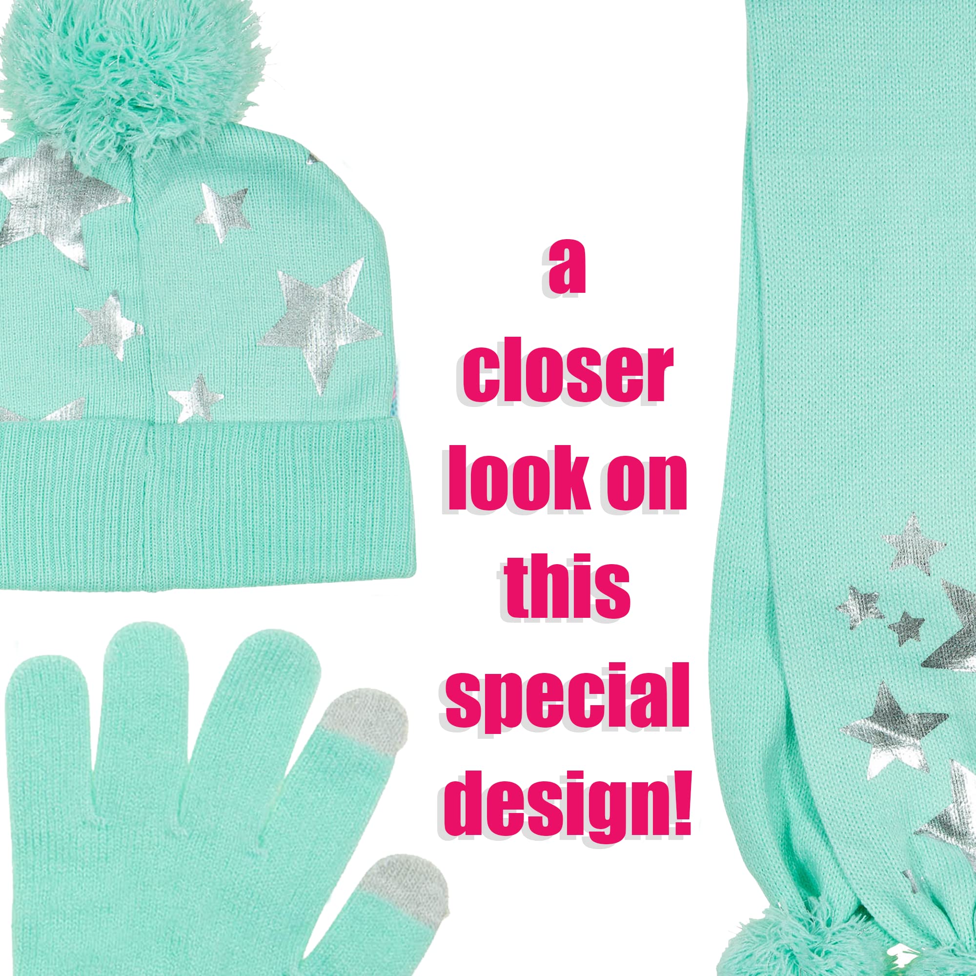 PEAK 2 PEAK Girls 3-Piece Winter Beanie Hat, Scarf and Gloves Cold Weather Set