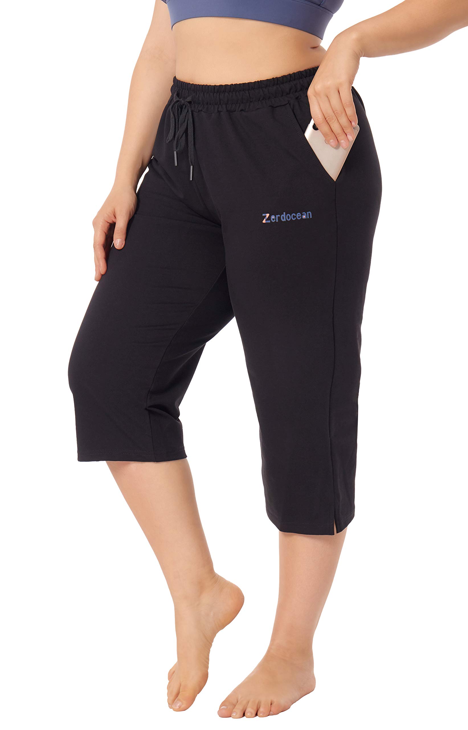 ZERDOCEAN Women's Plus Size Active Yoga Lounge Indoor Jersey Capri Walking Crop Pants with Pockets Drawstring Black 4X