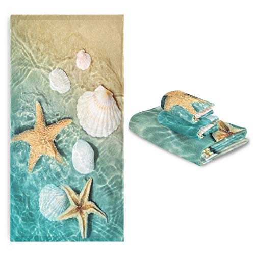 Vdsrup Summer Beach Ocean Bath Towels Set of 3 Sea Seashells Starfishs Hand Towels Washcloth Soft Thin Face Guest Towel Kitchen Tea Dish Towels Bathroom Decorations Housewarming Gifts