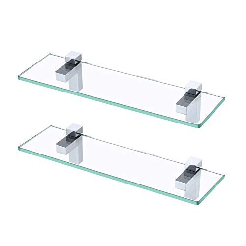 KES Glass Shelves for Bathroom, 15.8-Inch Bathroom Shelf with Rectangle Tempered Glass and Polished Chrome Bracket Wall Mount 2 Pack, BGS3201S40-P2