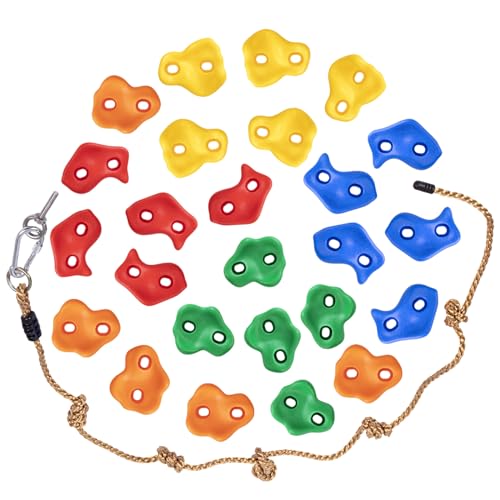 SEKKVY 25 Rock Climbing Holds with 6.56Ft Knotted Climbing Rope, Kids Climbing Holds for Indoor Outdoor Play Set, Rock Wall Climbing Kit with Mounting Hardware, Multi-Color