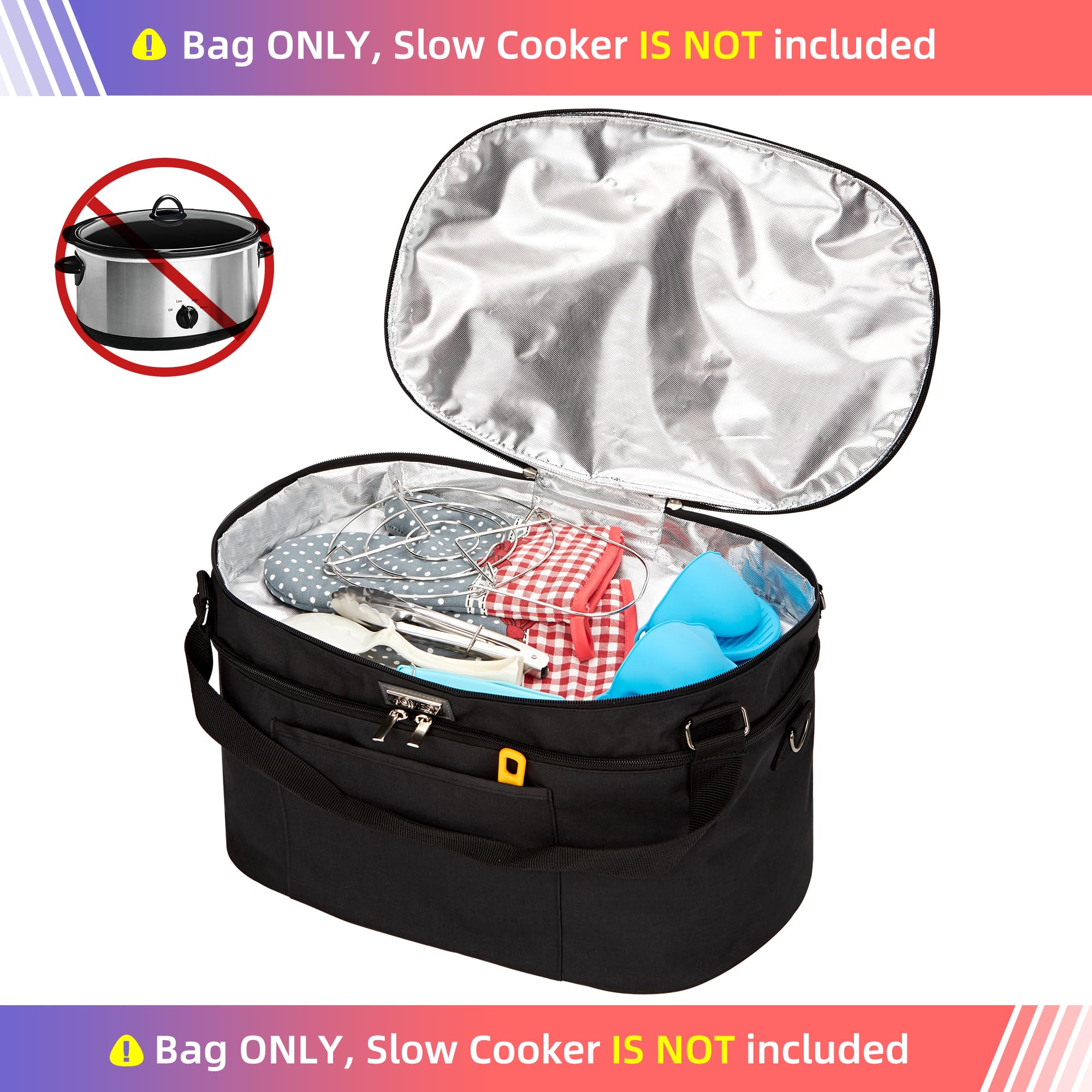 HOMEST Slow Cooker Bag for Crock-Pot 6-8 Quart, Insulated Travel Carrier with Easy to Clean Lining, Carry Case with Top Zip Compartment and Utensil Pocket