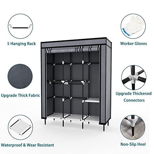 VIZUN Portable Clothes Closet, Wardrobe Storage Closet Organizer with 5 Hanging Rack, Easy to Assemble (Gray)