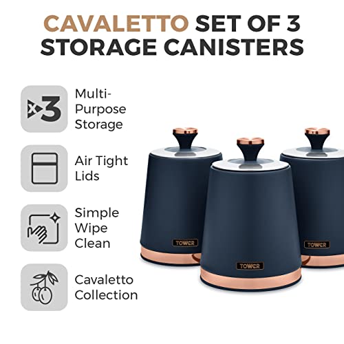 Tower T826131MNB Cavaletto Set of 3 Storage Canisters for Tea/Coffee/Sugar, Steel, Midnight Blue and Rose Gold