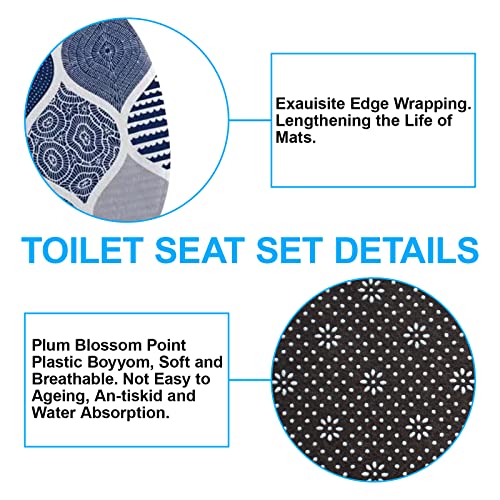 ALEXEX 4Pcs Boho Shower Curtain Sets, Geometric Shower Curtain Sets with Rugs, Bath Mat, U Shape and Toilet Lid Cover Mat, Blue White Shower Curtain with 12 Hooks for Bathroom Set Decor(72 x 72 Inch)