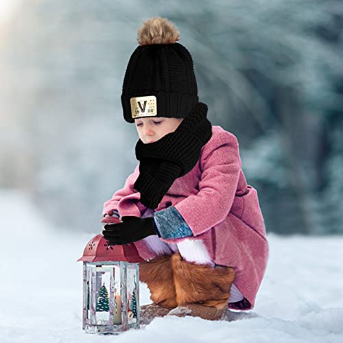 Kids Knit Hat/Scarf/Gloves Set,Winter Warm Set with Beanie and Long Scarf (Black)