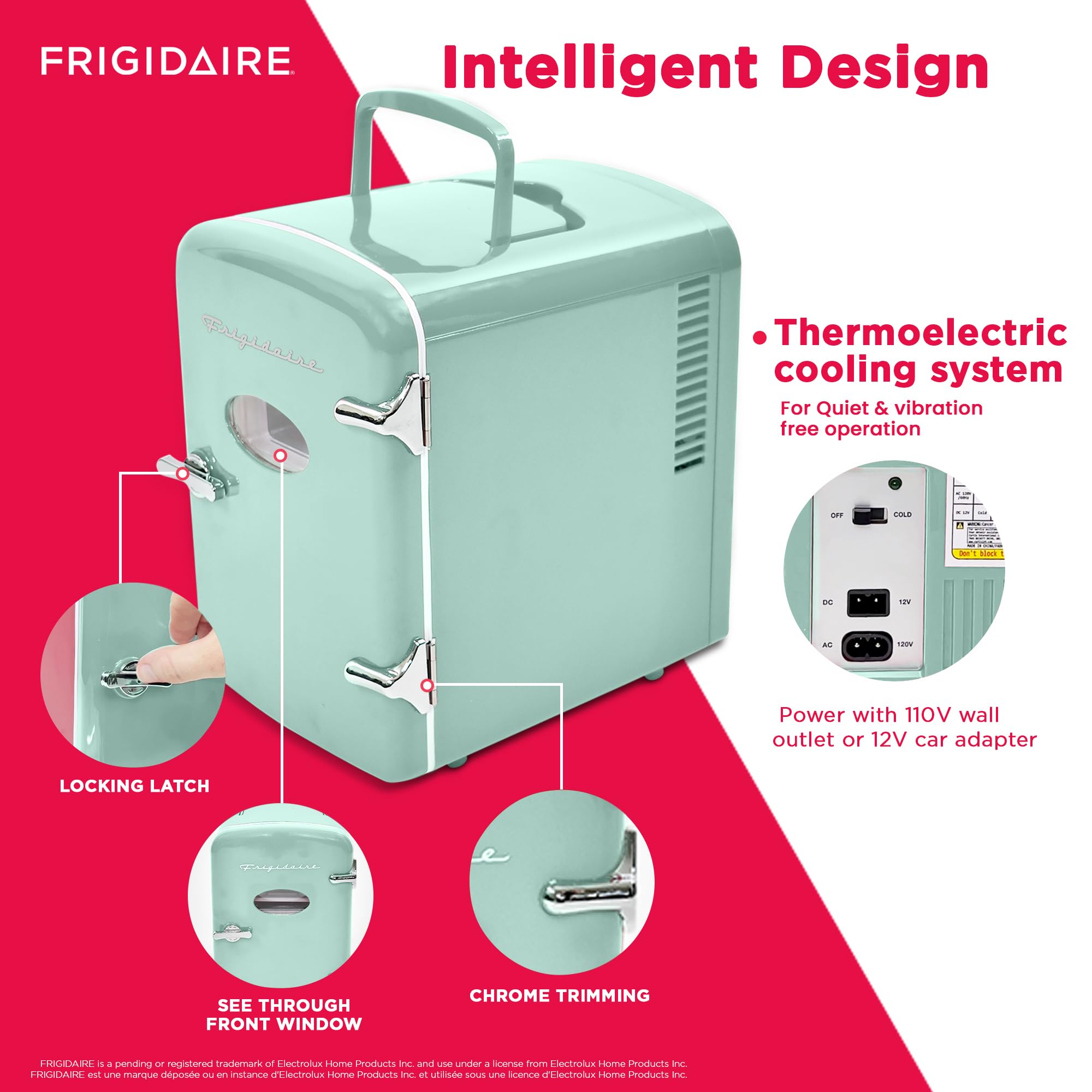 Frigidaire EFMIS129-MINT Mini Personal Fridge Cooler, 1 Gal Capacity fits Six Cans, Includes Plugs for Home Outlet & DC Charger-9.84" D x 7.09" W x 10.35" H