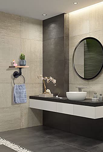Towel Ring Towel Rack Modern Towel Holder with Wooden Shelf Rustic Hand Towel Ring Wall Mount Heavy Duty Bath Towel Rack for Bathroom Black