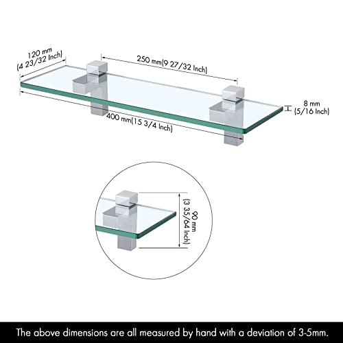KES Glass Shelves for Bathroom, 15.8-Inch Bathroom Shelf with Rectangle Tempered Glass and Polished Chrome Bracket Wall Mount 2 Pack, BGS3201S40-P2