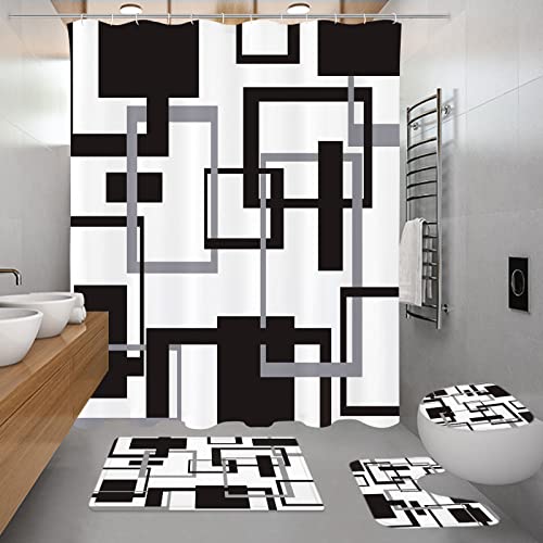 Gibelle 4 Pcs Bathroom Shower Curtain Set with Non-Slip Rugs, Toilet Lid Cover and Bath Mat, Grey Black and White Bathroom Decor Set with Shower Curtain and Rugs and Accessories