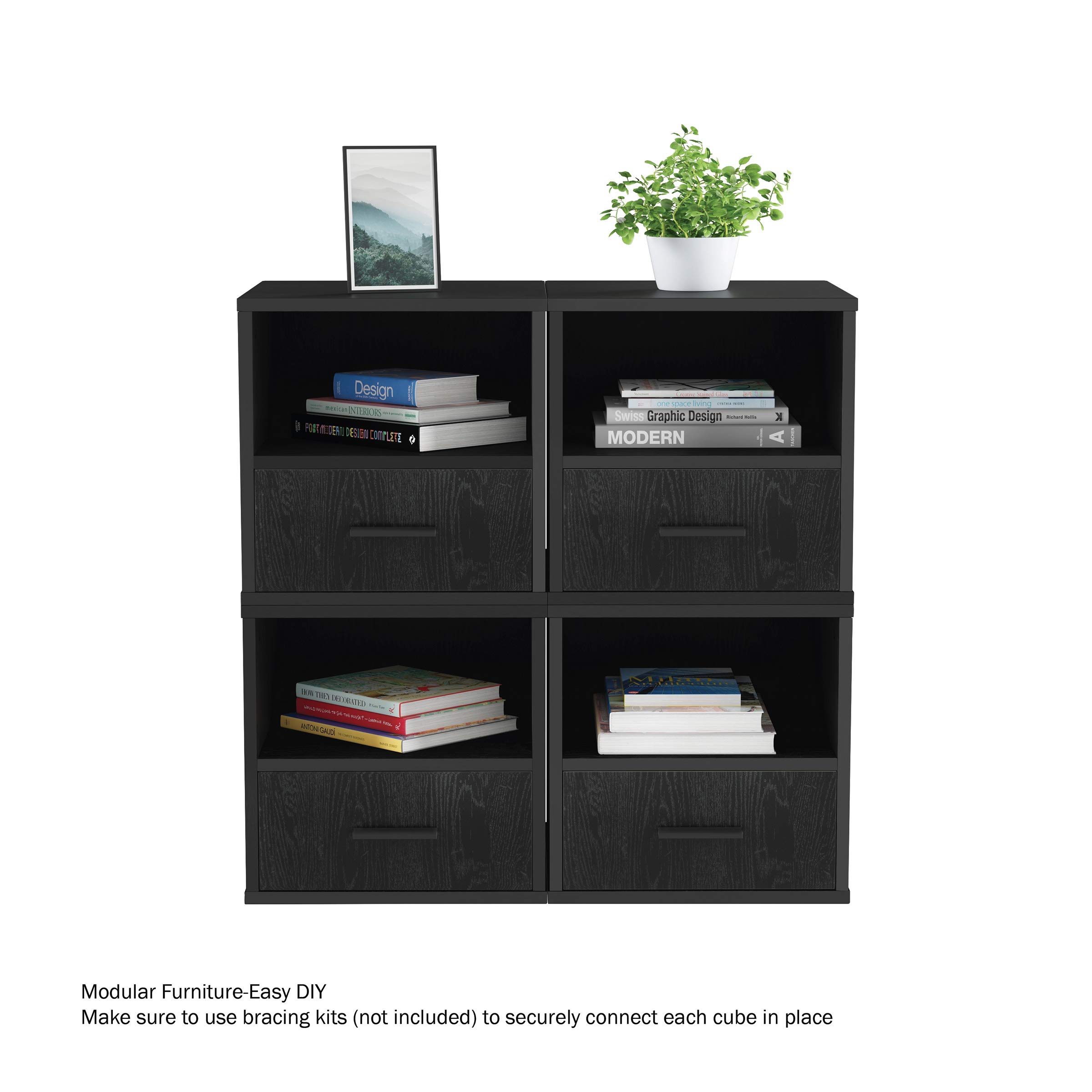 Lavish Home End Table - Stackable, Contemporary, and Minimalist Modular Cube Accent Table with Drawer - for Bedroom, Living Room, or Office (Black)