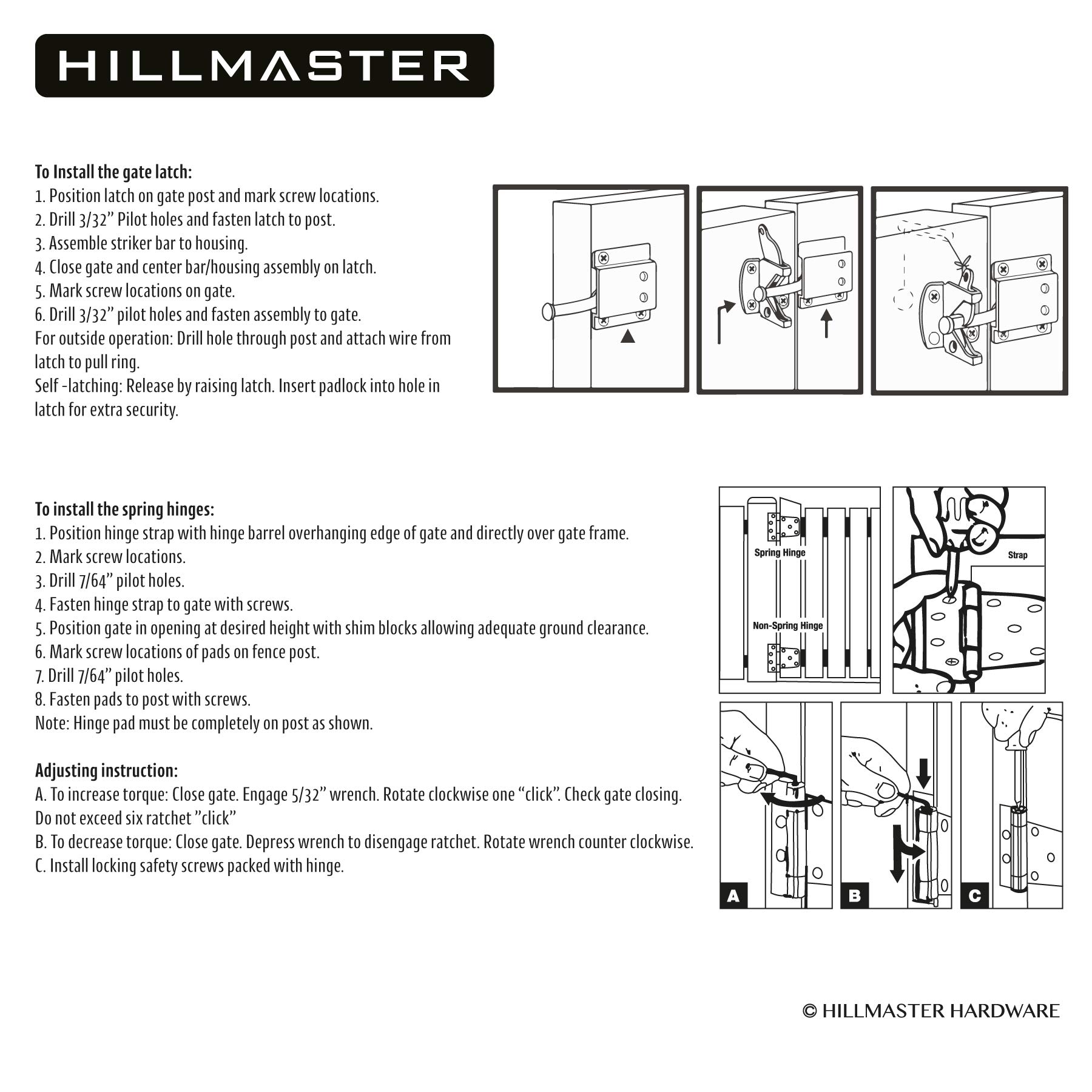 HILLMASTER Heavy Duty Gate Latch Kit for Wooden Vinyl Fence, 1 Pack Self-Locking Gate Latch and 2 Pack 3.5” Spring Tee Hinges, Gate Fence Hardware Set, Black Finish