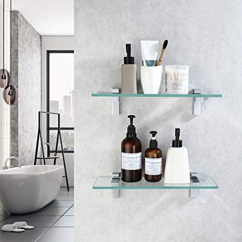KES Glass Shelves for Bathroom, 15.8-Inch Bathroom Shelf with Rectangle Tempered Glass and Polished Chrome Bracket Wall Mount 2 Pack, BGS3201S40-P2