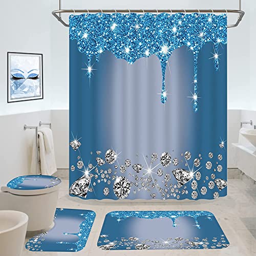 4Pcs Glitter Diamond Shower Curtain Sets Bathroom Set Decor with Non-Slip Rugs Bath U-Shaped Mat Toilet Lid Cover Blue Sliver Shiny Drip Bathroom Curtains Shower Set with 12 Hooks, 70.8×70.8