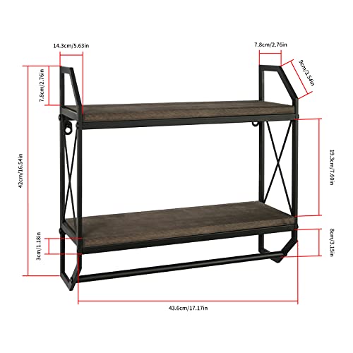 Abyssfish 2 Tier Metal Industrial Bathroom Shelves with Towel Bar Floating Storage Organizer Shelves Rustic Wall Mounted Shelves Over Toilet Towel Rack for Bathroom, Bedroom, Kitchen