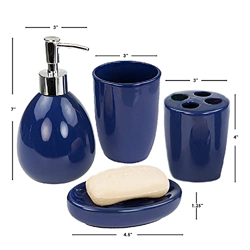 4-Piece Ceramic Bathroom Set (Navy), By Home Basics | Contemporary Design Bathroom Sets | Bath Accessories For Bathroom | Includes Soap Dish, Tumbler, Toothbrush Holder, and Lotion Dispenser