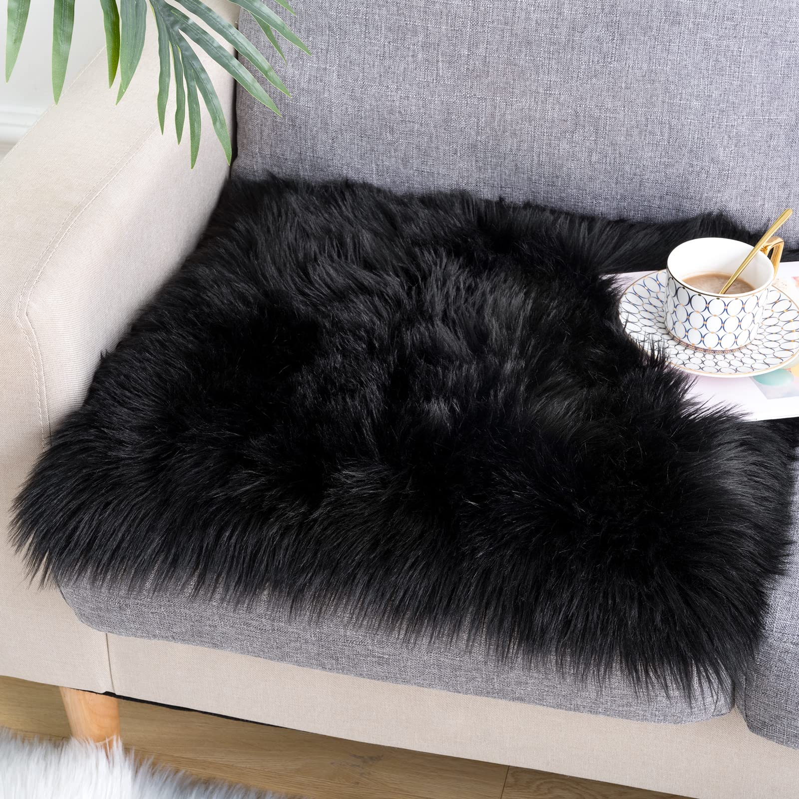 Noahas Black Faux Fur Table Runner,Cute Seat Chair Cushions for Dining Chairs,Fluffy Fur Placemats,Faux Sheepskin Chair Pads,Fuzzy Square Fur Chair Cover,Locker Rug,Table Mat (1.6 x 1.6 ft,1 Pack)