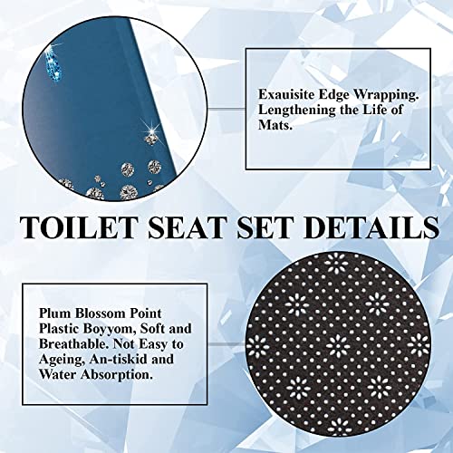 4Pcs Glitter Diamond Shower Curtain Sets Bathroom Set Decor with Non-Slip Rugs Bath U-Shaped Mat Toilet Lid Cover Blue Sliver Shiny Drip Bathroom Curtains Shower Set with 12 Hooks, 70.8×70.8