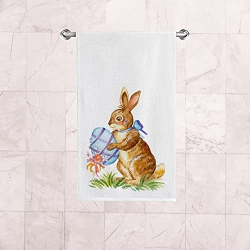 Easter Bunny Holding Egg Fingertip Face Bath Towels, Soft Absorbent Thin Guest Hand Towels, 2 Pack Easter Day Decorative Dish Towels for Kitchen Bathroom Hotel Gym, 30x15 Inch
