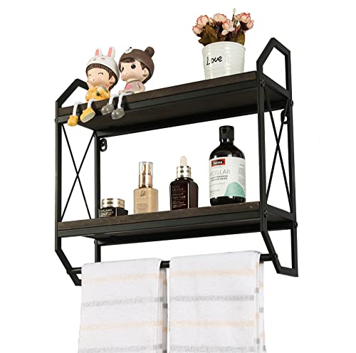 Abyssfish 2 Tier Metal Industrial Bathroom Shelves with Towel Bar Floating Storage Organizer Shelves Rustic Wall Mounted Shelves Over Toilet Towel Rack for Bathroom, Bedroom, Kitchen