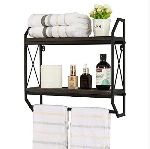 Abyssfish 2 Tier Metal Industrial Bathroom Shelves with Towel Bar Floating Storage Organizer Shelves Rustic Wall Mounted Shelves Over Toilet Towel Rack for Bathroom, Bedroom, Kitchen