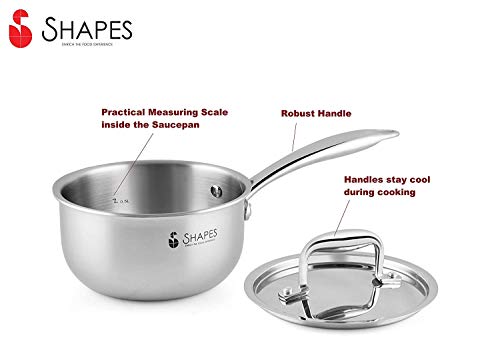 Shapes Stainless Steel Tri-Ply Saucepan - 1 Quart, Silver - Multipurpose Sauce Pan, Cooking Pot - Use for Home, Kitchen and Restaurant - Induction Ready - Easy to Clean and Dishwasher Safe