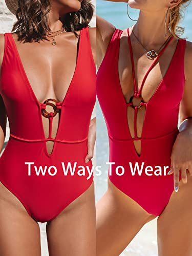 CUPSHE Women One Piece Swimsuits O Ring Red Strappy Lace Up Monokini Swimsuits Bathing Suit, M