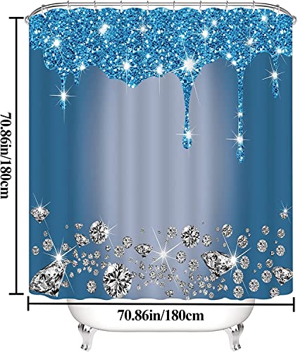 4Pcs Glitter Diamond Shower Curtain Sets Bathroom Set Decor with Non-Slip Rugs Bath U-Shaped Mat Toilet Lid Cover Blue Sliver Shiny Drip Bathroom Curtains Shower Set with 12 Hooks, 70.8×70.8