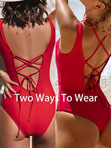 CUPSHE Women One Piece Swimsuits O Ring Red Strappy Lace Up Monokini Swimsuits Bathing Suit, M