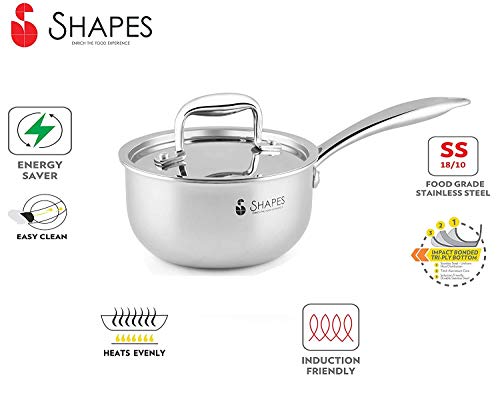 Shapes Stainless Steel Tri-Ply Saucepan - 1 Quart, Silver - Multipurpose Sauce Pan, Cooking Pot - Use for Home, Kitchen and Restaurant - Induction Ready - Easy to Clean and Dishwasher Safe