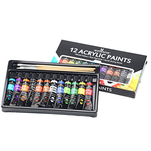 WINSONS Acrylic Paint Set, Non Toxic 12 Colours (12 x 12ml,0.4 Oz) Pigments Great for Kids Beginners, Painter, Children, Student School/Classroom Art Essentials