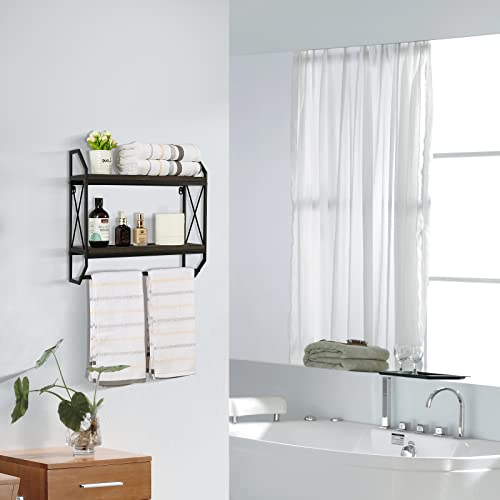 Abyssfish 2 Tier Metal Industrial Bathroom Shelves with Towel Bar Floating Storage Organizer Shelves Rustic Wall Mounted Shelves Over Toilet Towel Rack for Bathroom, Bedroom, Kitchen