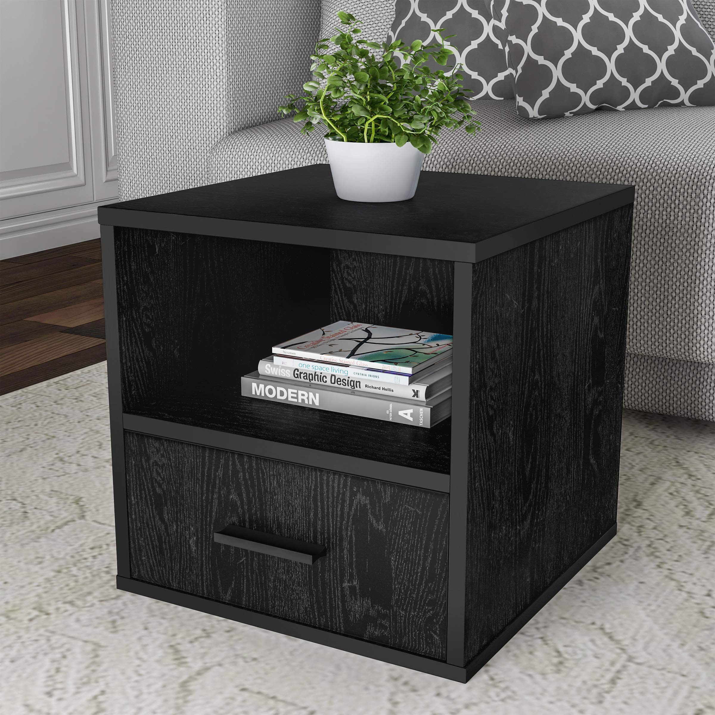 Lavish Home End Table - Stackable, Contemporary, and Minimalist Modular Cube Accent Table with Drawer - for Bedroom, Living Room, or Office (Black)