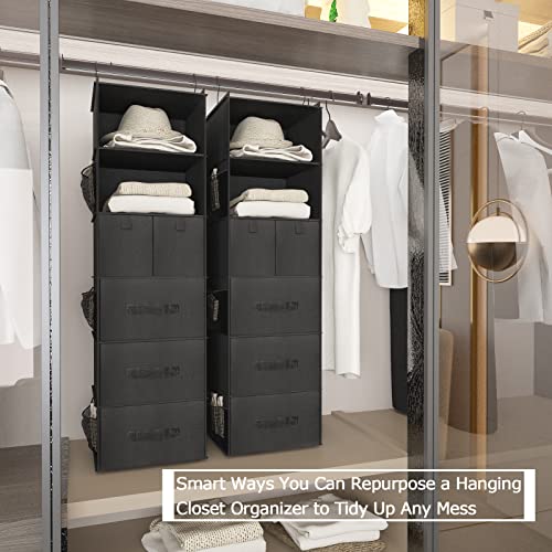 Bosuelife 6-Shelves Hanging Closet Organizer with 5 Different Drawers, Foldable Closet Organizers and Storage for Wardrobe, Closet& RV, Clothes and Accessories Storage, Non-Woven Fabric, Black