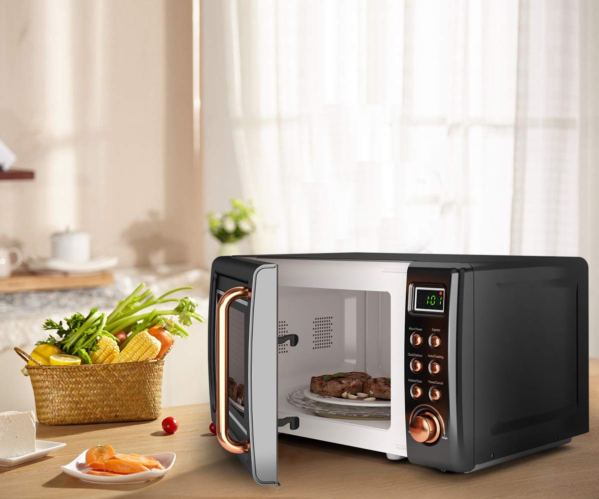Retro Microwave Oven,Safeplus 0.7Cu.ft, Countertop 700W Microwaves with Cold Rolled Steel Plate 5 Micro Power Defrost & Auto Cooking Function LED Display Glass Turntable and Viewing Window Child Lock