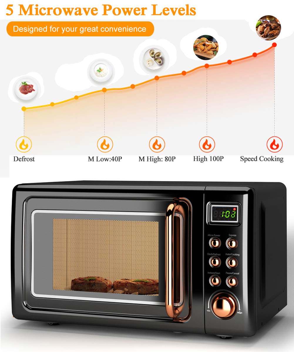 Retro Microwave Oven,Safeplus 0.7Cu.ft, Countertop 700W Microwaves with Cold Rolled Steel Plate 5 Micro Power Defrost & Auto Cooking Function LED Display Glass Turntable and Viewing Window Child Lock