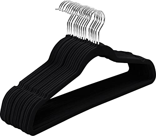 Velvet Hangers 50 Pack, Non Slip Hangers Space Saving with 360 Degree Chrome Swivel Hook, Smooth Heavy Duty Clothes Hangers for Skirts Coats Pants Scarves Shirts Laundry, Hold up to 10 Lbs, Black