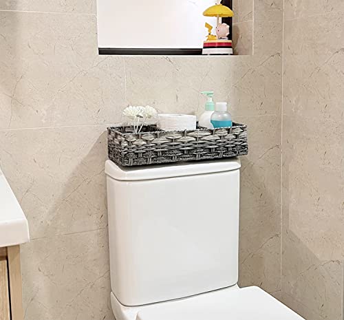 Toilet Tray Tank Topper Basket, Decor Woven Wicker Bathroom Organizer, Waterproof Storage Baskets for Bathroom Organizing (Gray)