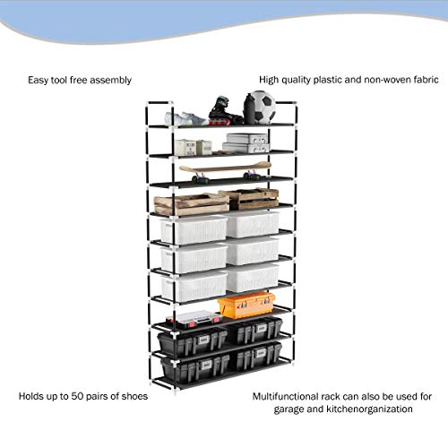 Lavish Home Shoe Storage Rack β 10-Tier Shoe Organizer for Closet, Bathroom, Entryway β Shoe Shelf Holds 50 Pairs Sneakers, Heels, Boots (Black)