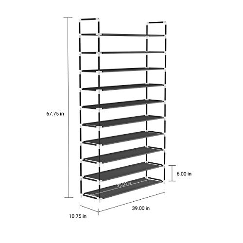 Lavish Home Shoe Storage Rack β 10-Tier Shoe Organizer for Closet, Bathroom, Entryway β Shoe Shelf Holds 50 Pairs Sneakers, Heels, Boots (Black)