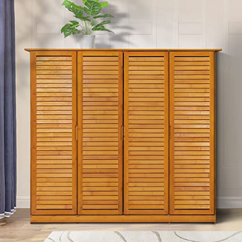 MoNiBloom Large Multi-Tier Shoe Storage Cabinet with Shutter Doors, Bamboo Shoe Floor Storage Organizer Rack for 31-35 Pairs Entryway Hallway Mudroom, Brown