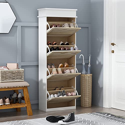 Homsee Modern Shoe Cabinet with 4 Flip Down Drawers, Wood Shoe Rack Storage Organizer for Entryway, Hallway, White and Natural (21.7”L x 9.8”W x 61”H)