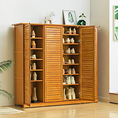 MoNiBloom Large Multi-Tier Shoe Storage Cabinet with Shutter Doors, Bamboo Shoe Floor Storage Organizer Rack for 31-35 Pairs Entryway Hallway Mudroom, Brown