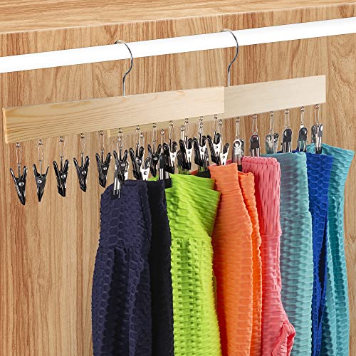 2 Pack Legging Organizer for Closet, Wooden Pants Hangers Leggings Hanger Space Saving with 24 Rubber Coated Clips, Multi Purpose Clothes Storage Organizer for Skirts Shorts Trouser Jeans, Natural