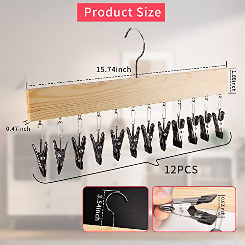 2 Pack Legging Organizer for Closet, Wooden Pants Hangers Leggings Hanger Space Saving with 24 Rubber Coated Clips, Multi Purpose Clothes Storage Organizer for Skirts Shorts Trouser Jeans, Natural