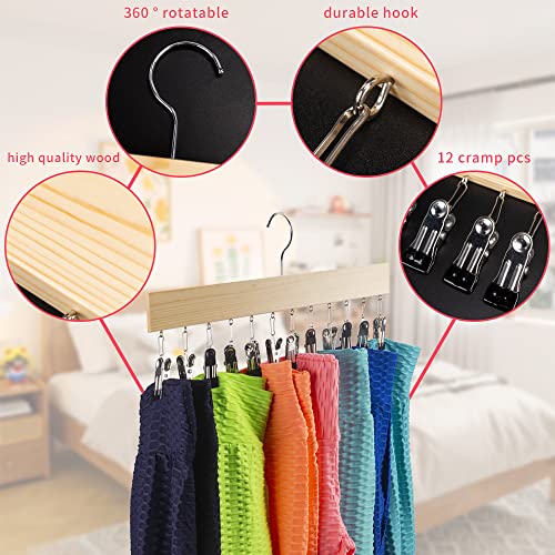 2 Pack Legging Organizer for Closet, Wooden Pants Hangers Leggings Hanger Space Saving with 24 Rubber Coated Clips, Multi Purpose Clothes Storage Organizer for Skirts Shorts Trouser Jeans, Natural
